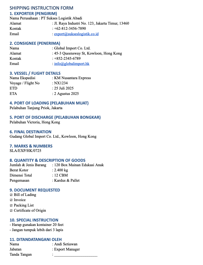 Shipping Instruction: Arti, Isi, Fungsi, dan Contohnya